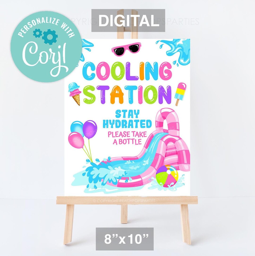 Water Slide Party Sign EDITABLE Cooling Station Birthday Waterslide ...
