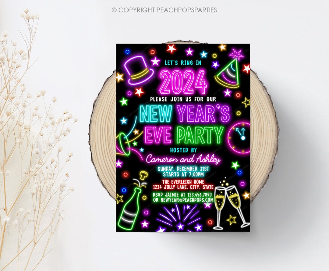 Editable Neon New Years Party Invitation, DIGITAL New Years Eve Party ...