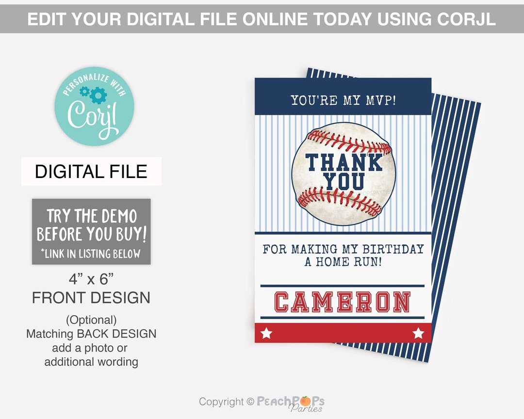 Baseball Thank You Card - EDITABLE Sports Birthday Thank You Note ...