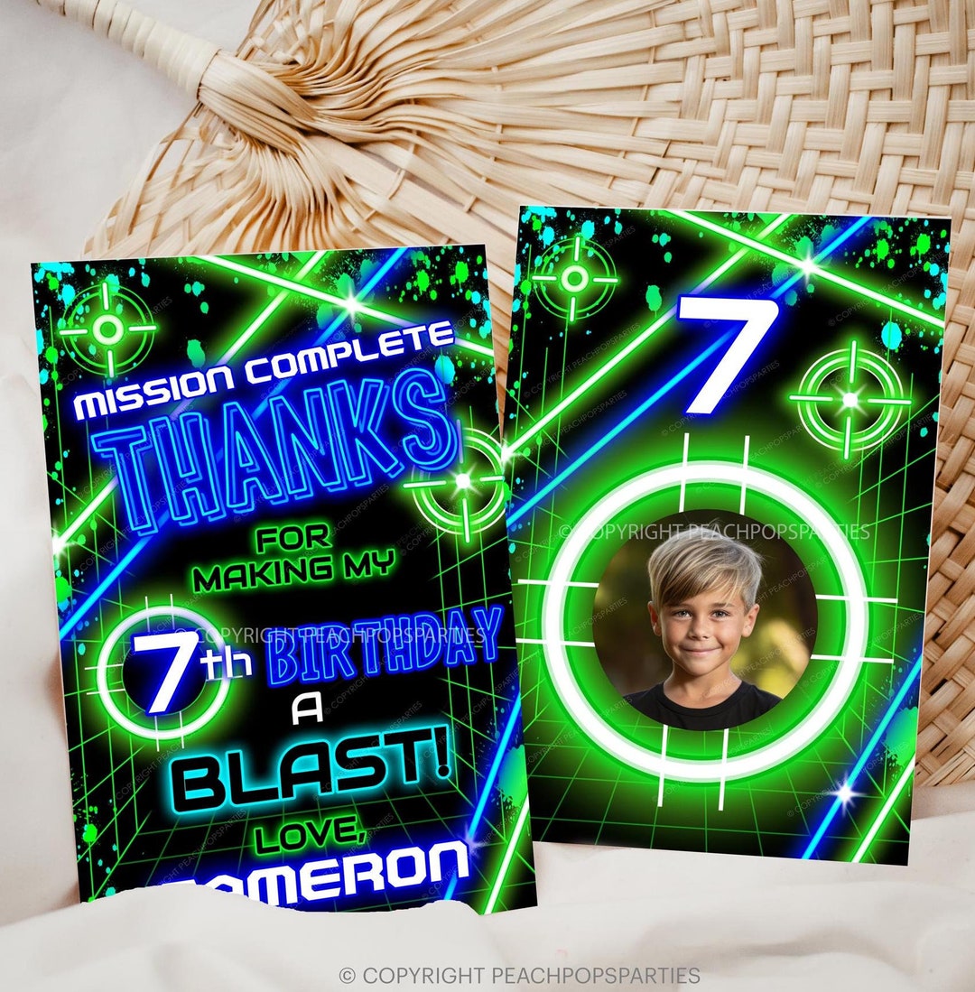 Editable Laser Tag Thank You Card Birthday Neon Gamer Party DIGITAL 4x6 ...
