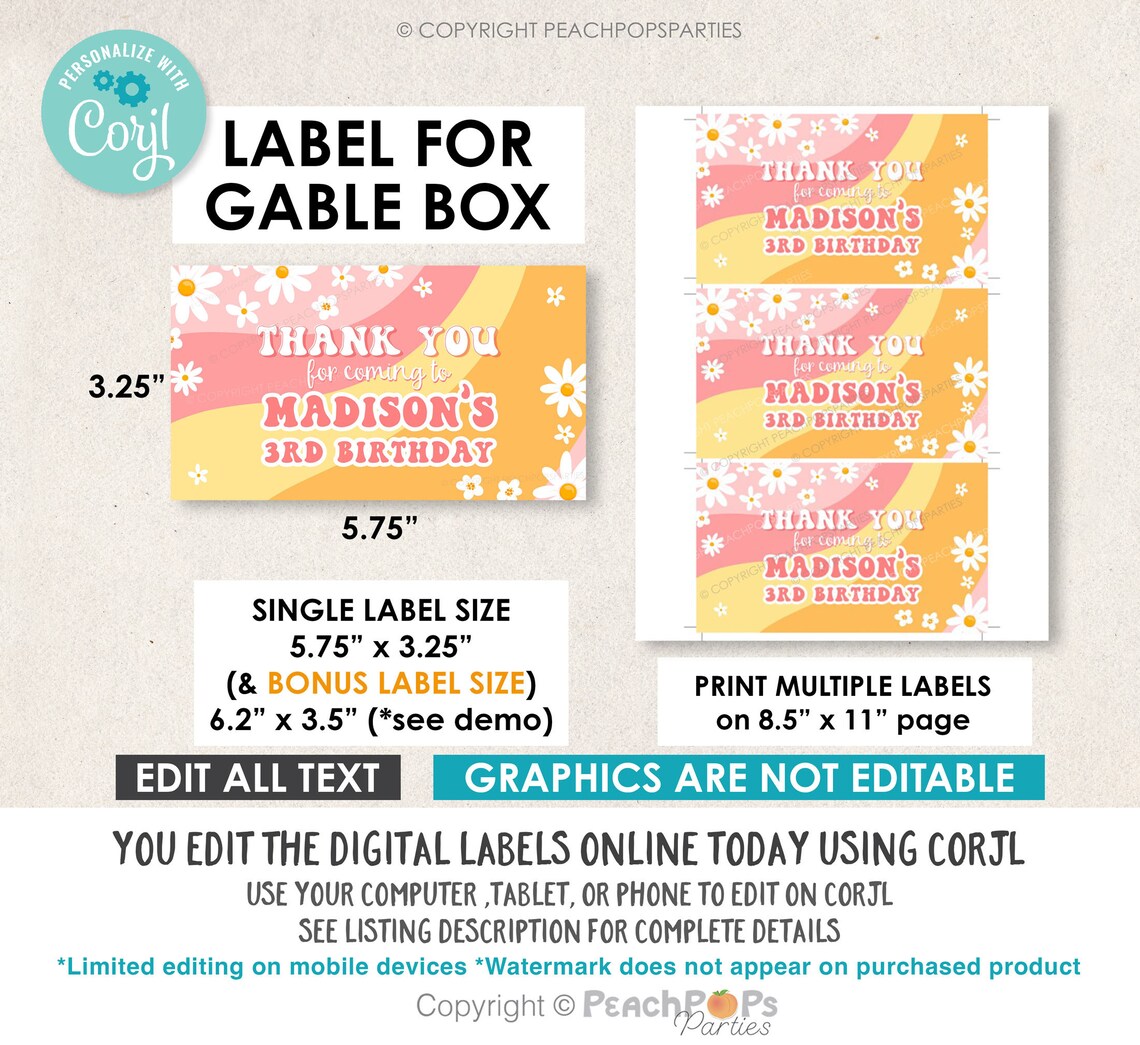 Editable Groovy Birthday Party Favor Label, Daisy Gable Gift Box Label ...