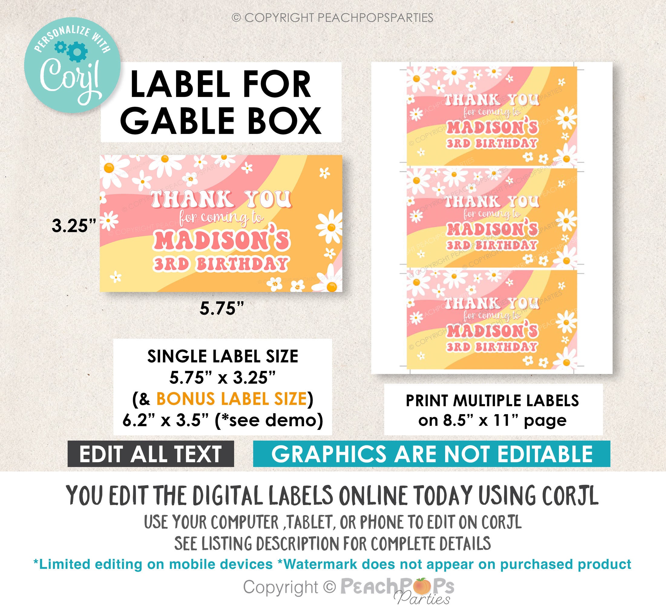Editable Groovy Birthday Party Favor Label, Daisy Gable Gift Box Label ...