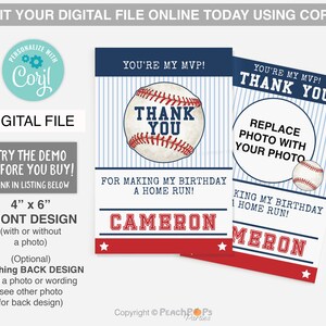 Baseball Thank You Card - EDITABLE Sports Birthday Thank You Note ...