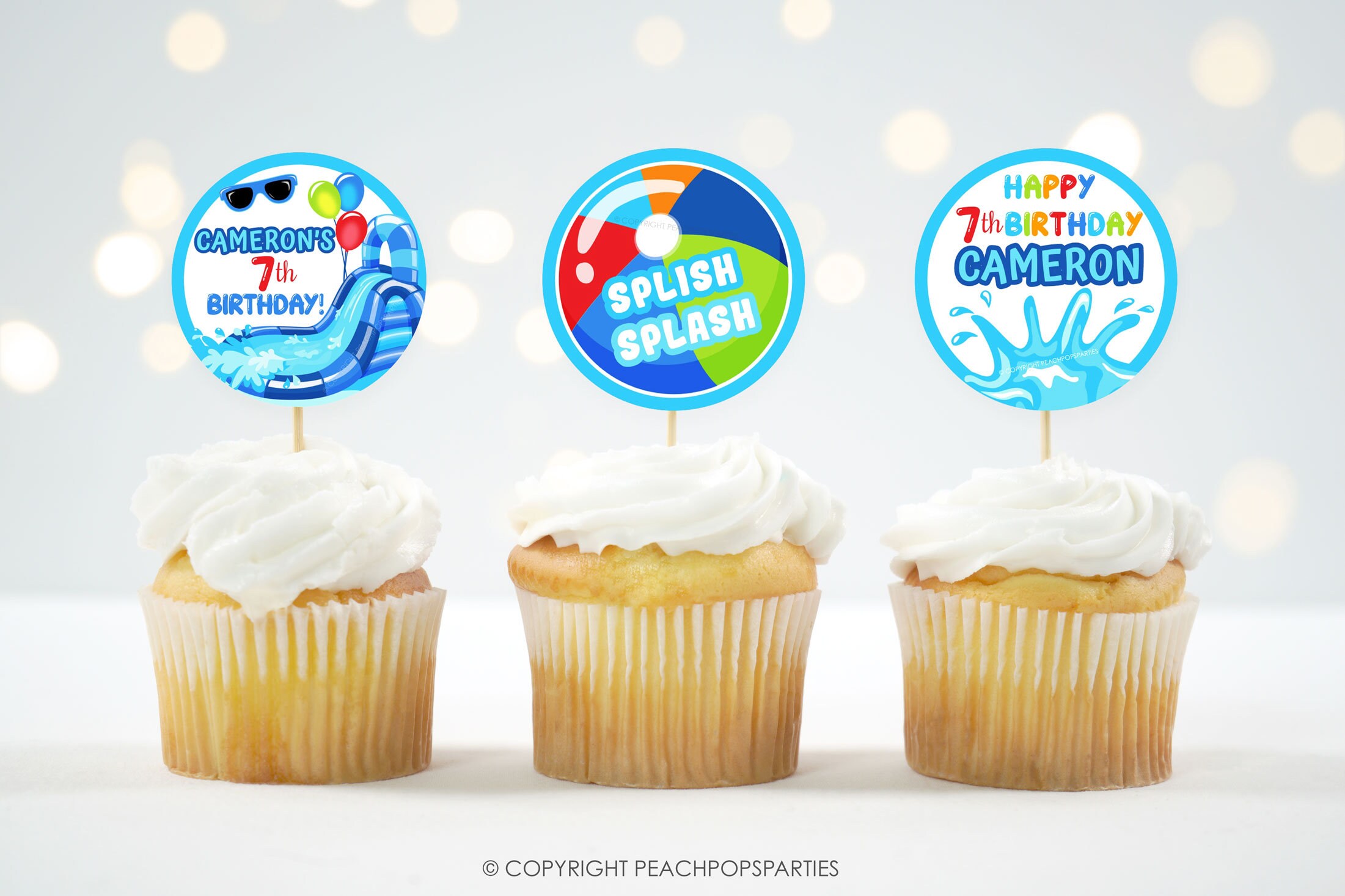 Water Slide Cupcake Toppers Editable Waterslide Birthday Cake Tags Pool ...