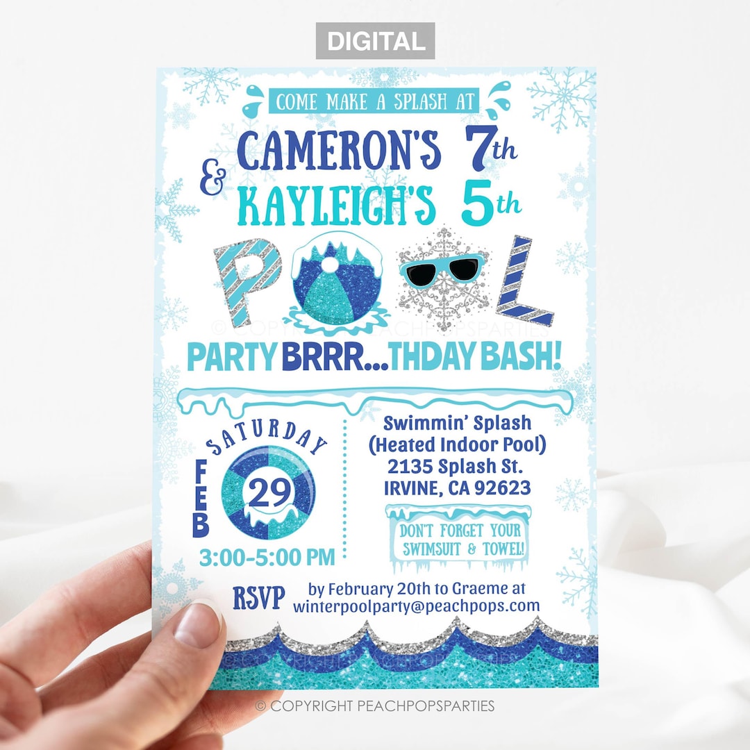 Winter Pool Party Birthday Invitation Snow Swimming Pool Blue Glitter ...