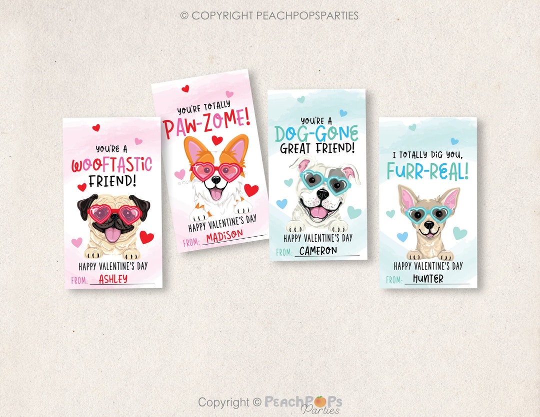Printable Dog Valentine Cards, EDITABLE Classroom Valentine’s Day Tags ...