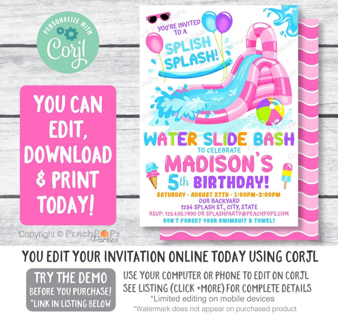 Editable Water Slide Birthday Splash Party Invitation PINK Any Age ...