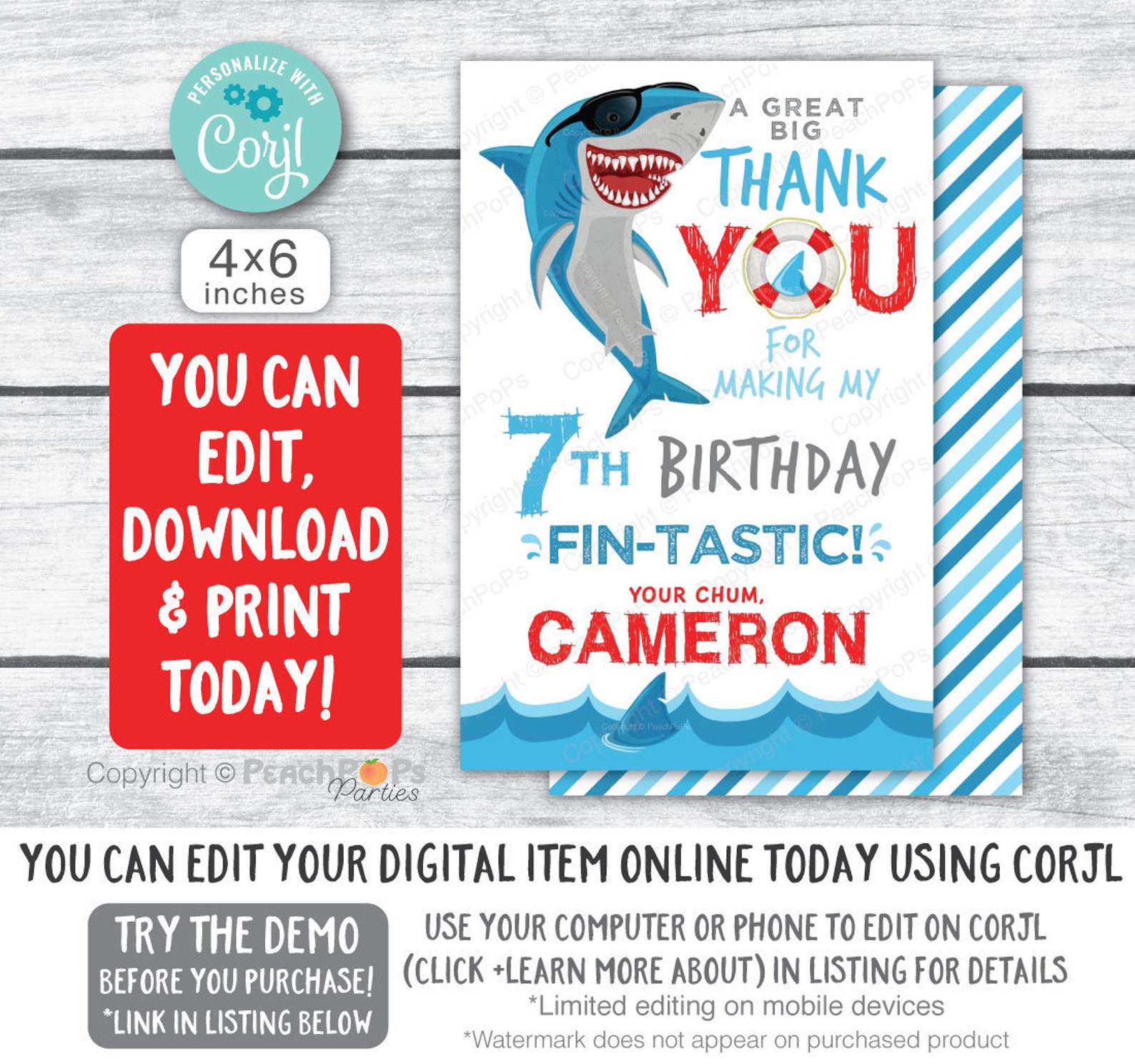 Shark Thank You Card Editable Fin-tastic ANY Age - Etsy