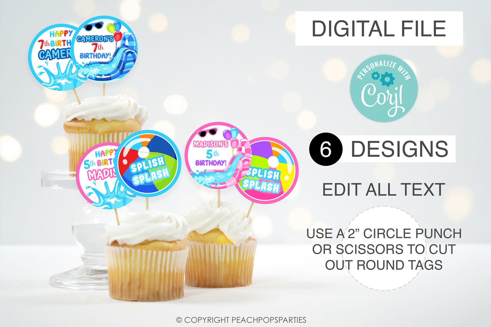 Water Slide Cupcake Toppers Editable Waterslide Birthday Cake Tags Pool ...