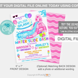 Editable Water Slide Birthday Splash Party Invitation PINK Waterslide ...