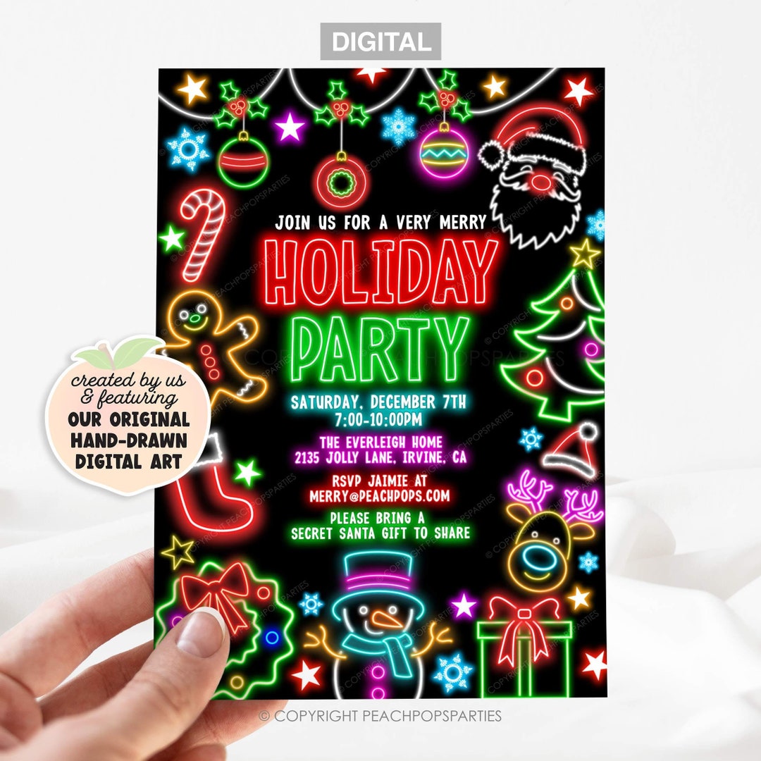 Editable Neon Holiday Party Invitation, DIGITAL Christmas Party Invite ...