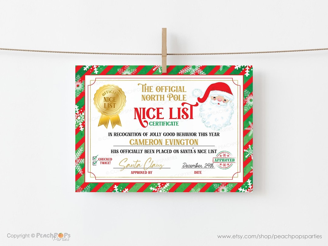 EDITABLE Nice List Certificate, Digital Personalized Santa Claus ...
