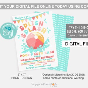 Editable Splish Splash Invitation Birthday Pool Party Invite Summer Girl Pink Beach Ball Water ...