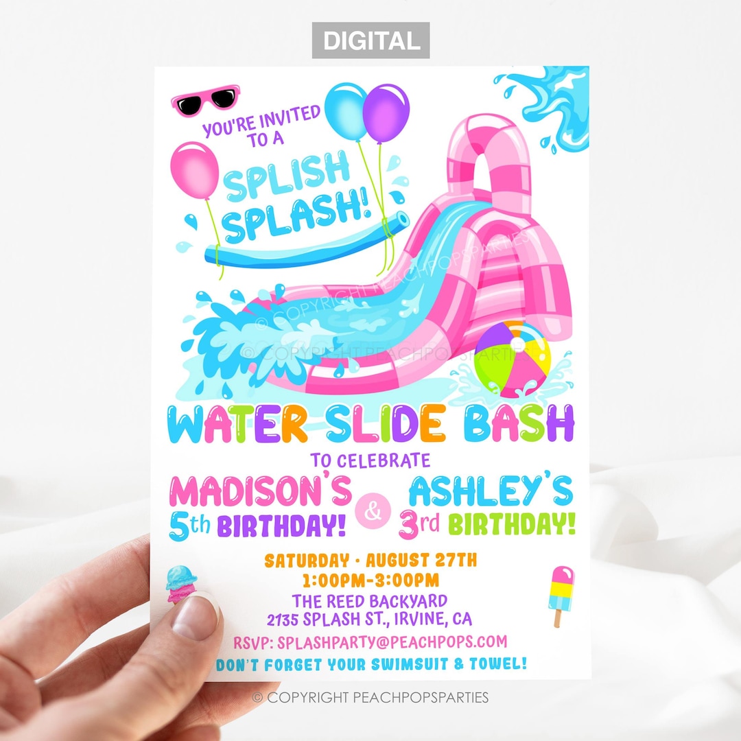 Editable Water Slide Birthday Splash Party Invitation PINK Waterslide ...
