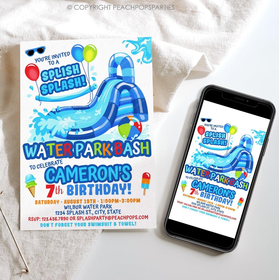 Editable Water PARK Invitation Water Slide Birthday Splash Party Invite ...