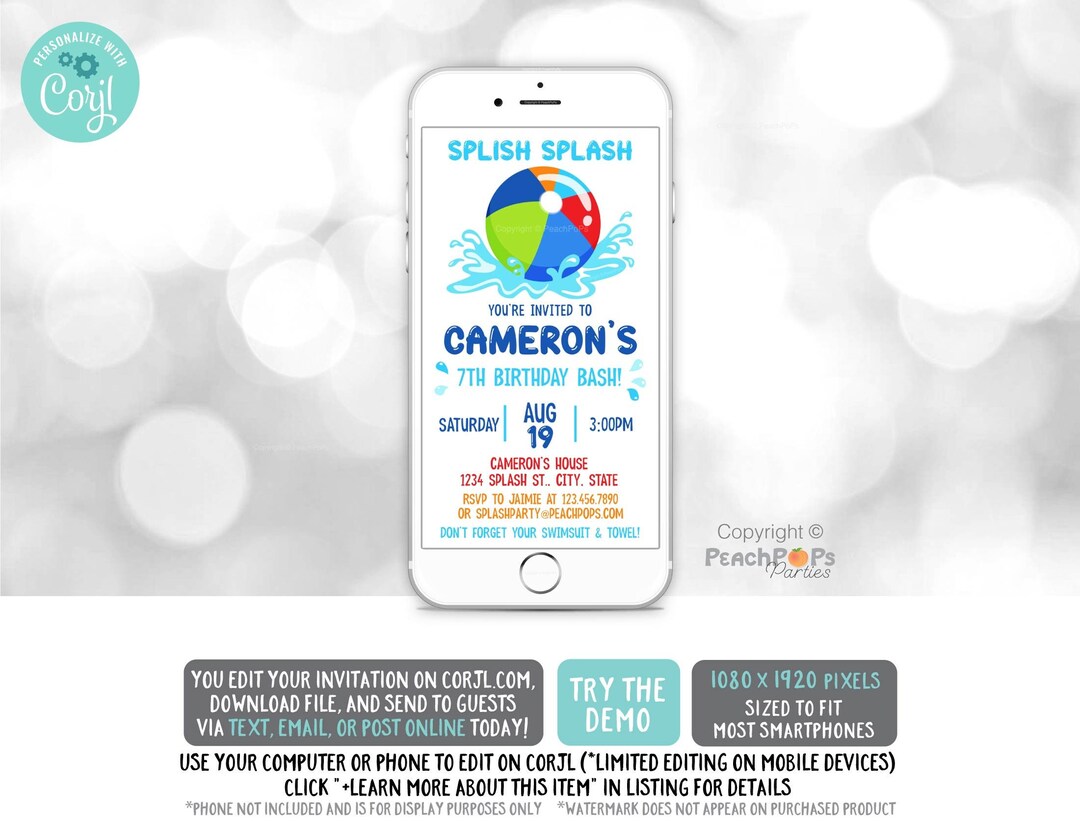 Pool Party TEXT Invitation Digital EDITABLE Phone Electronic Invite ...