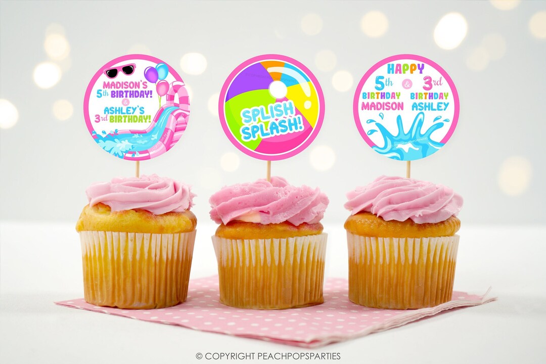 Water Slide Cupcake Toppers Two Names Birthday Party PINK Cake Toppers ...