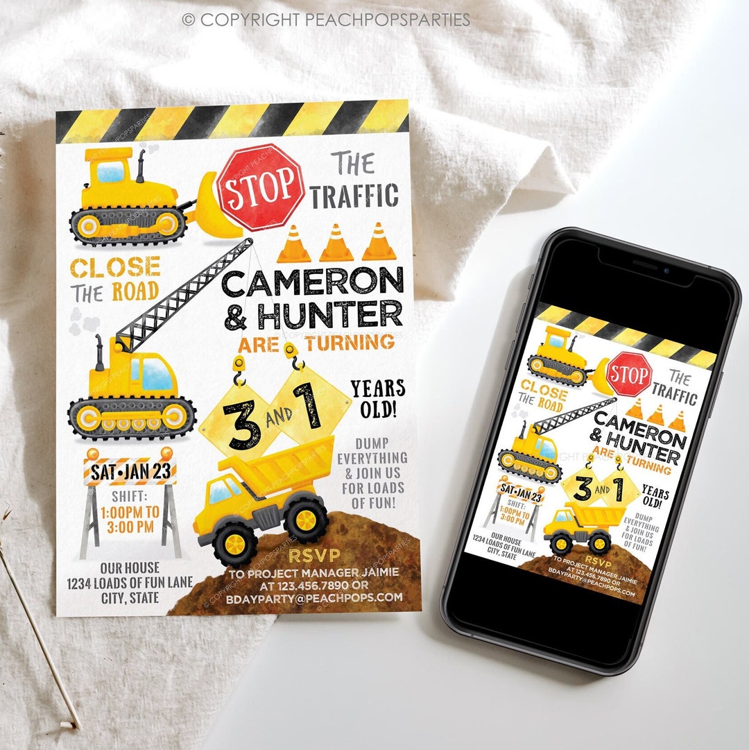 Construction Birthday Invitation Editable Siblings Twins Party Invite ...