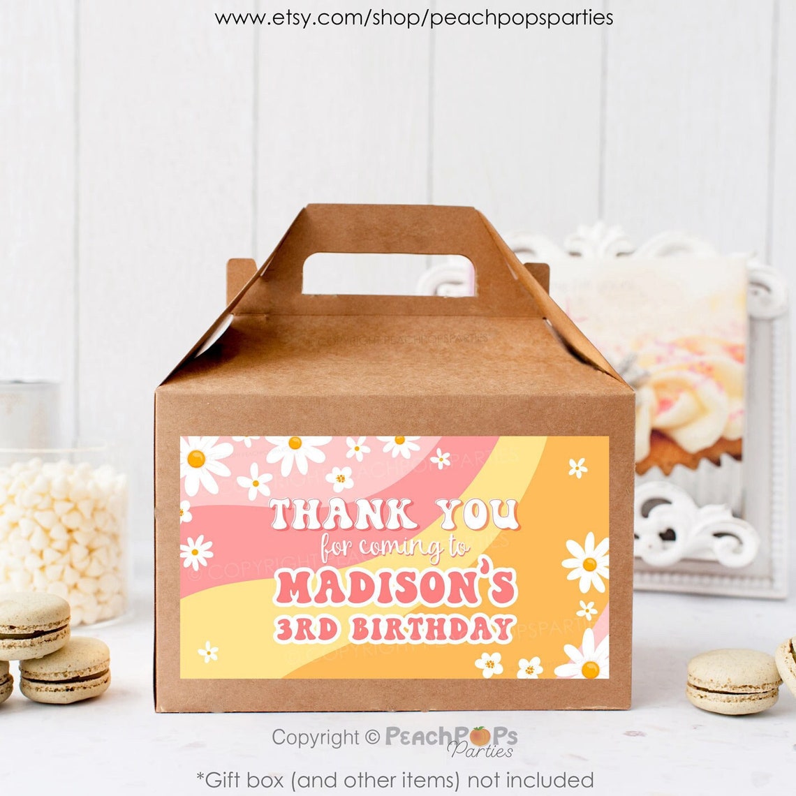 Editable Groovy Birthday Party Favor Label, Daisy Gable Gift Box Label ...