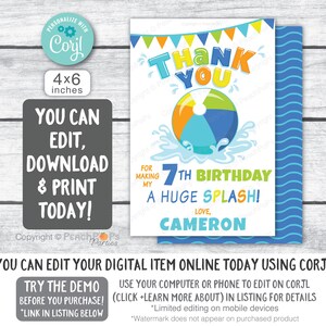 Editable Thank You Card Splish Splash Thank You Note Pool - Etsy