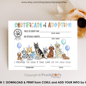 Lets Pawty Dog Adoption Certificate EDITABLE Puppy Pet Birthday Party ...