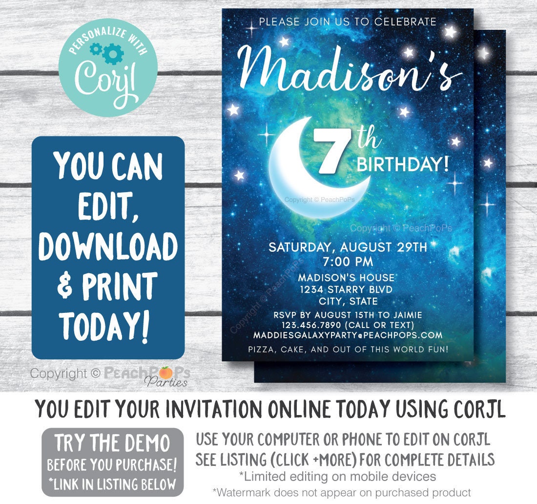 Galaxy Birthday Invitation - ANY Age - Galaxy Stars Moon - DIGITAL ...