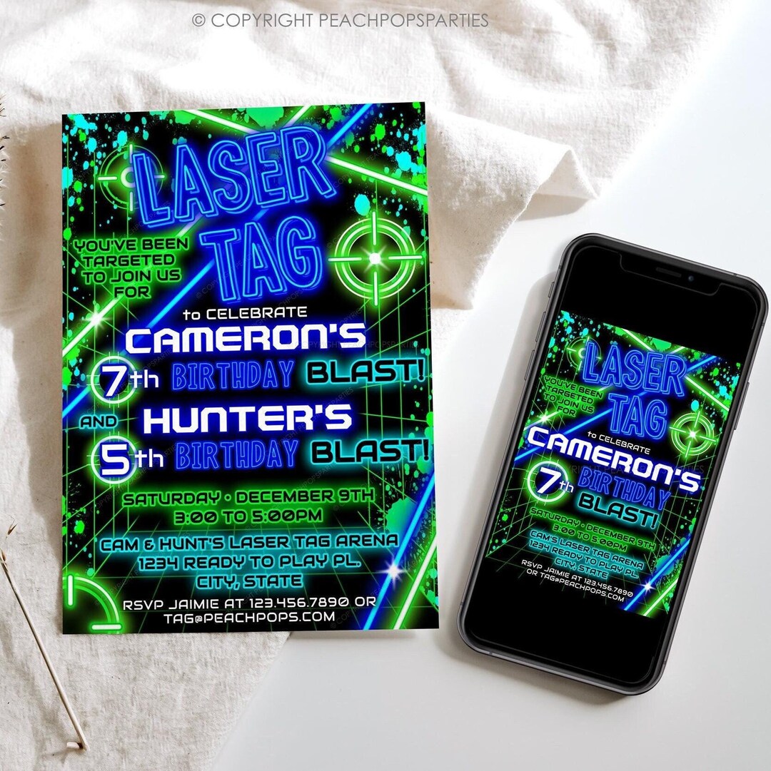Editable Laser Tag Birthday Invitation, Neon Laser Tag Invite, Glow ...