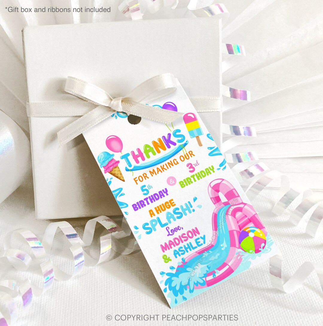 Editable Water Slide Thank You Gift Tag PINK Waterslide Party Favor Tag ...