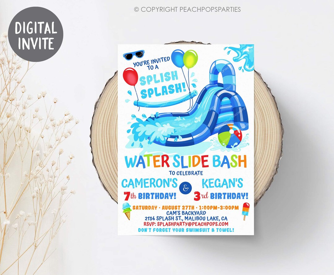 Editable Water Slide Birthday Splash Party Invitation BLUE Waterslide ...