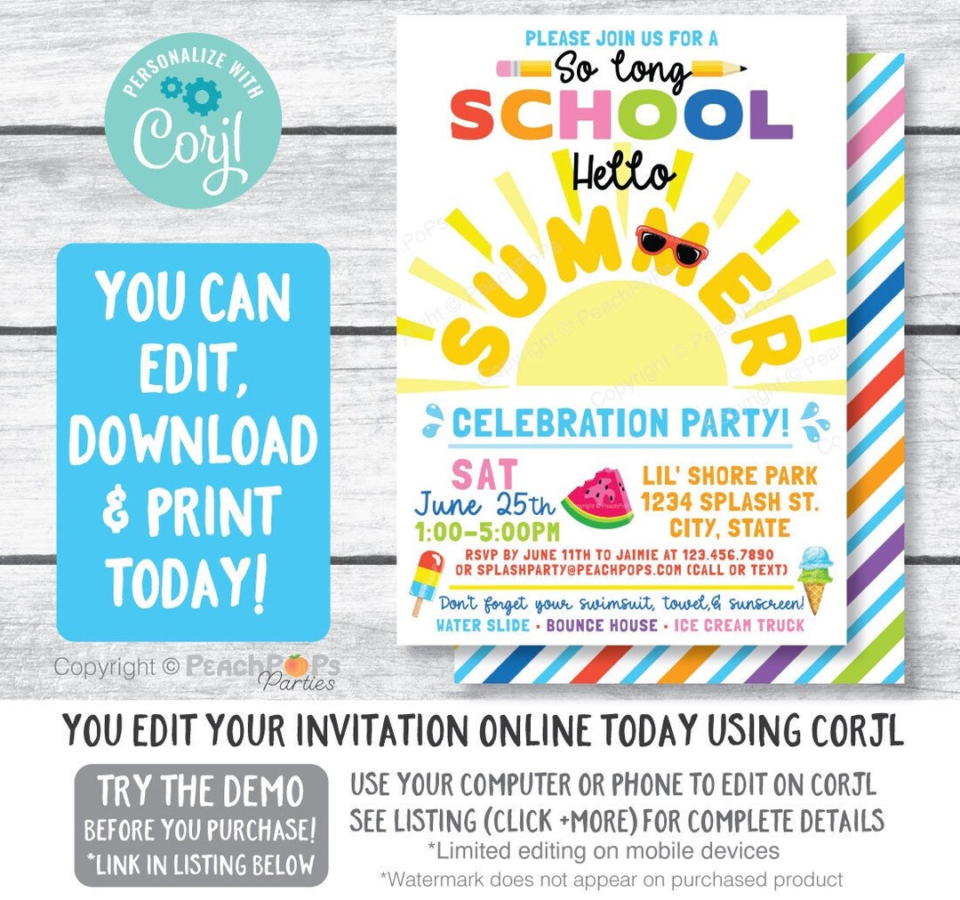 End of School Party Invitation, Hello Summer, Schools Out, Sun, Bounce ...