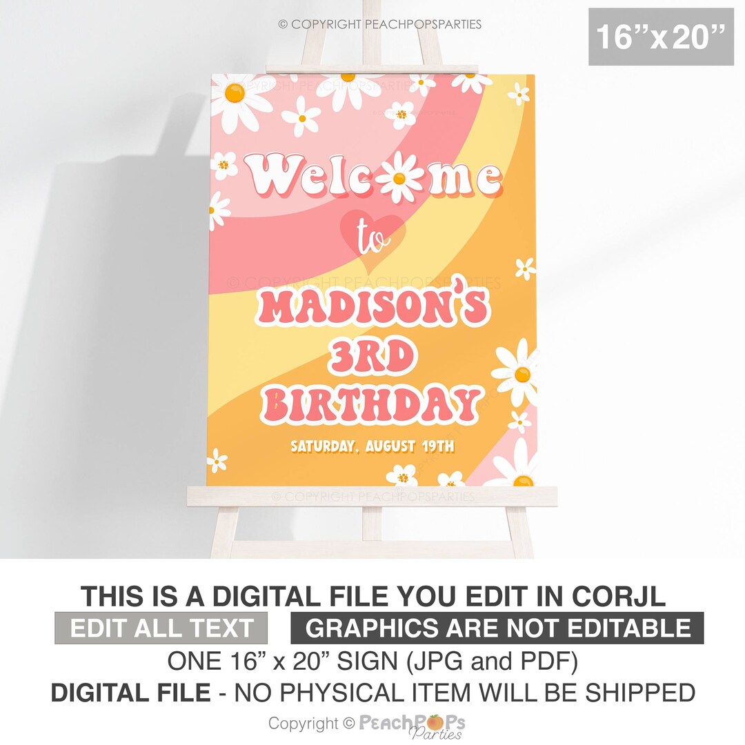 Editable Groovy Birthday Welcome Sign DIGITAL Boho Young Wild Three ...