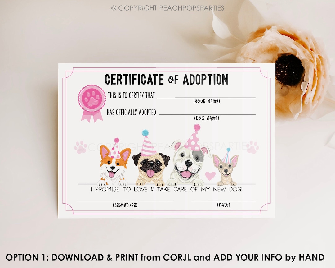 Dog Pawty Adoption Certificate EDITABLE Puppy Party Pink Birthday Favor ...