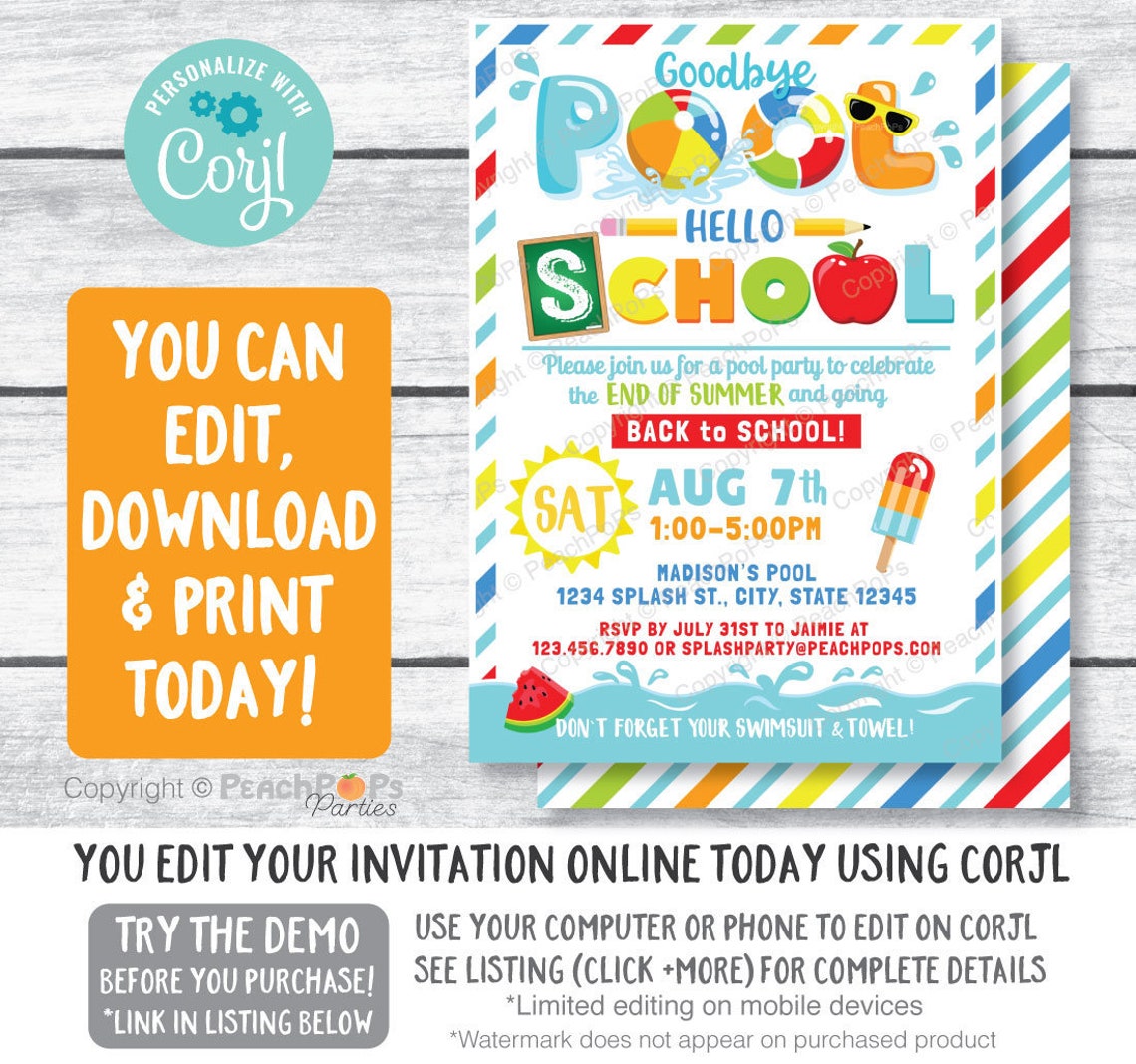 End of Summer Pool Party Invitation Back to School Summer - Etsy
