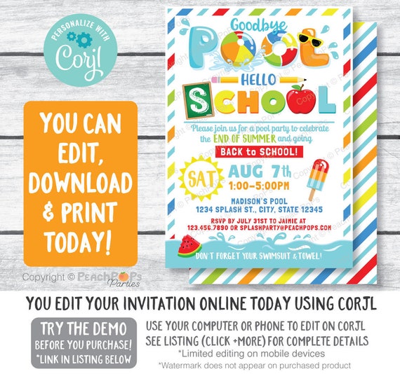 End of Summer Pool Party Invitation Back to School Summer - Etsy