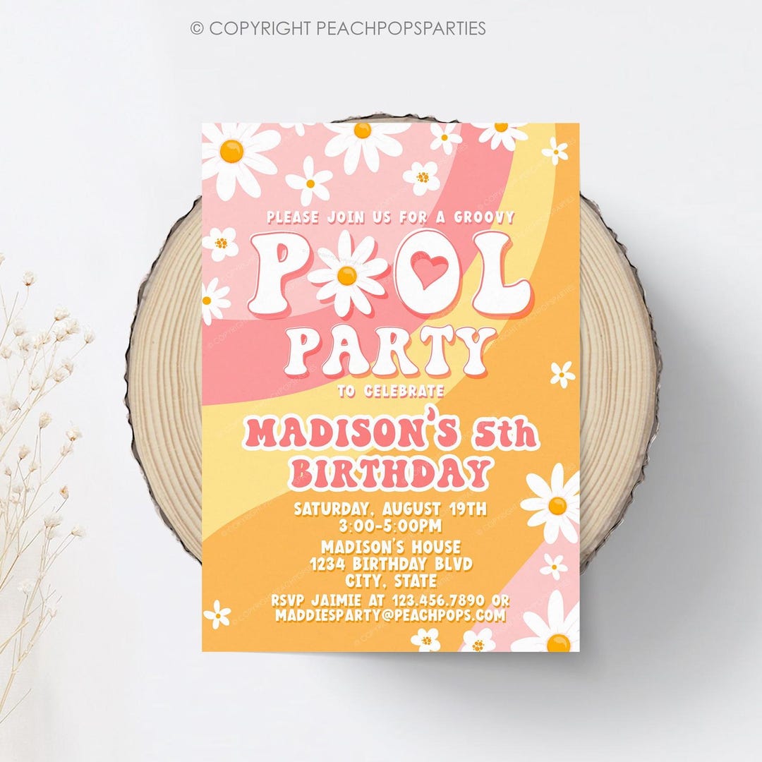 Editable Retro Pool Party Invitation Daisy Boho Invite Summer Birthday ...