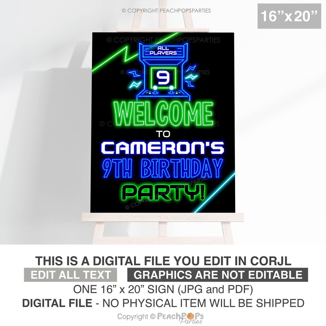 Editable Arcade Birthday Party Welcome Sign DIGITAL Neon Glow Game Sign ...