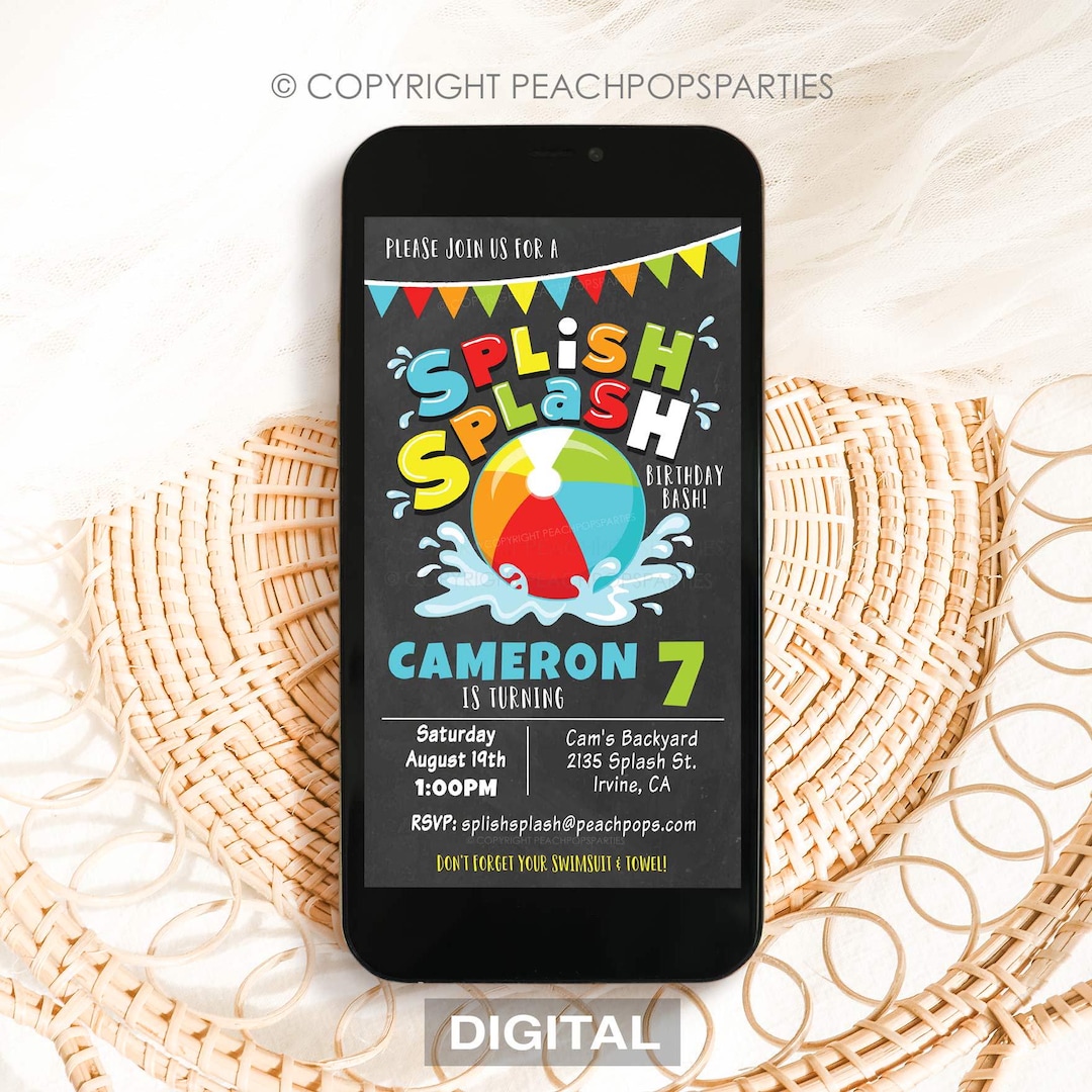 Editable Splish Splash TEXT Birthday Invitation Party Bash Invite Beach ...