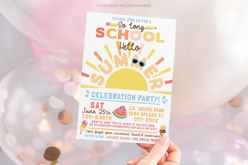 End of School Party Invitation, Hello Summer, School’s Out, Boho, Sun ...