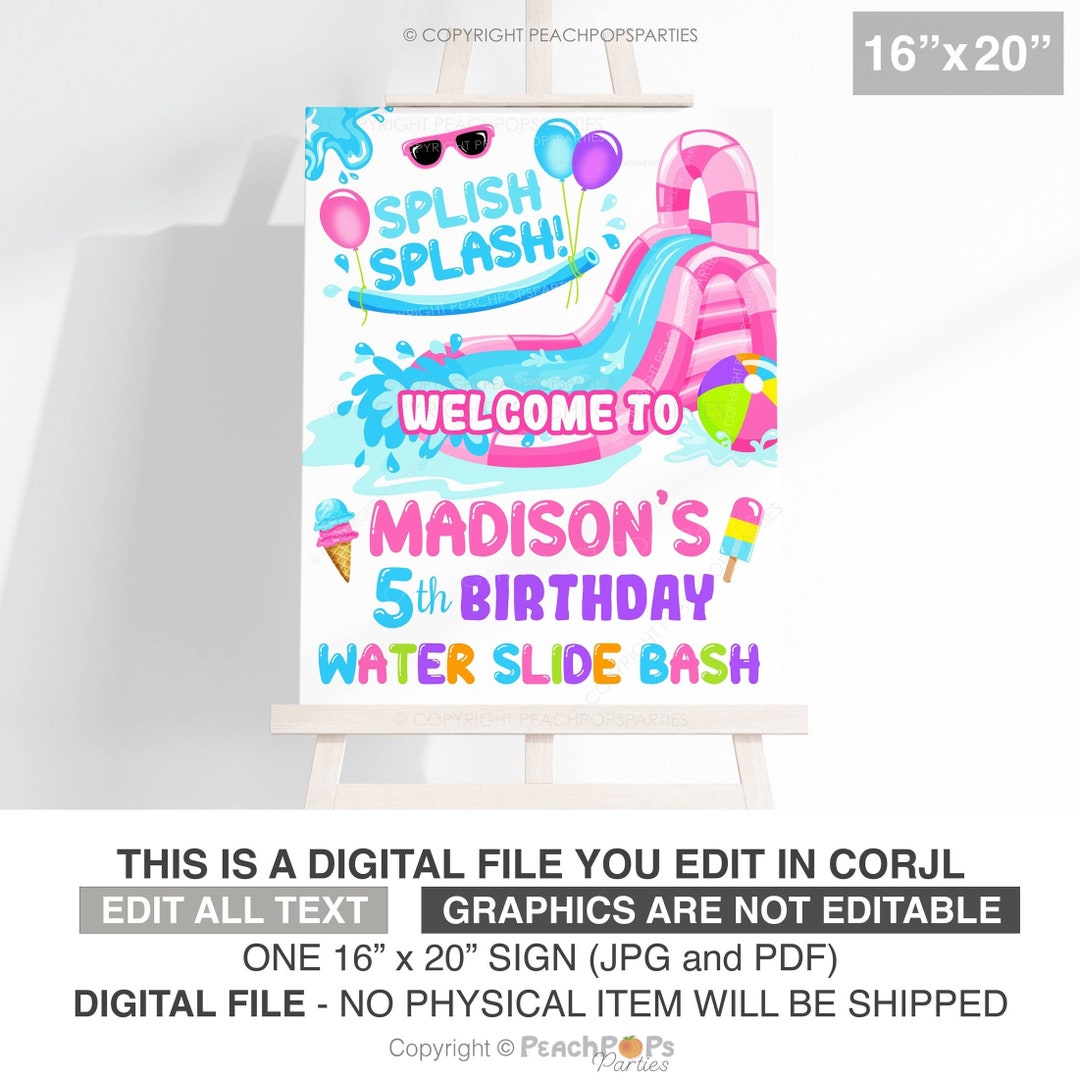 Water Slide Welcome Sign EDITABLE Pink Pool Party Birthday Bash Water ...