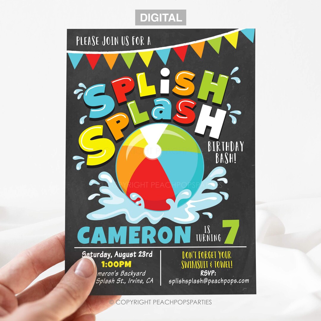 Birthday Splish Splash Invitation, Pool Party, Water Slide, Beach Ball ...