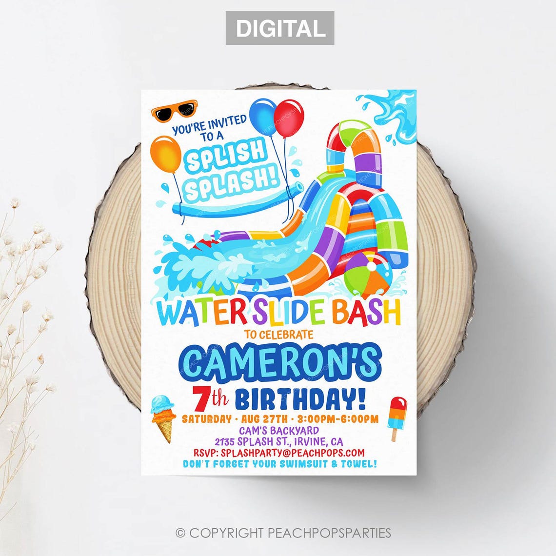 Editable Water Slide Birthday Splash Party Invitation Orange Red Blue ...