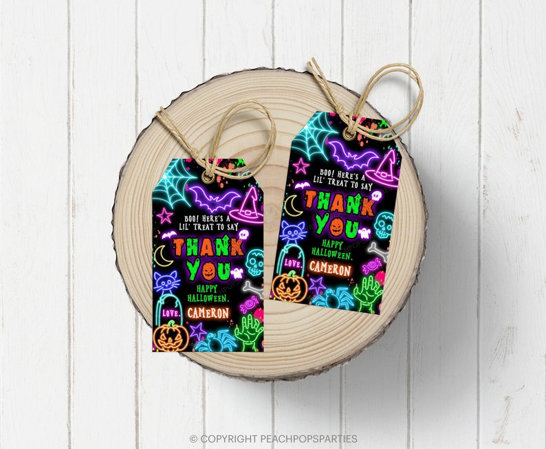 Neon Halloween Treat Tag, EDITABLE Costume Party Thank You Tag, Zombie ...