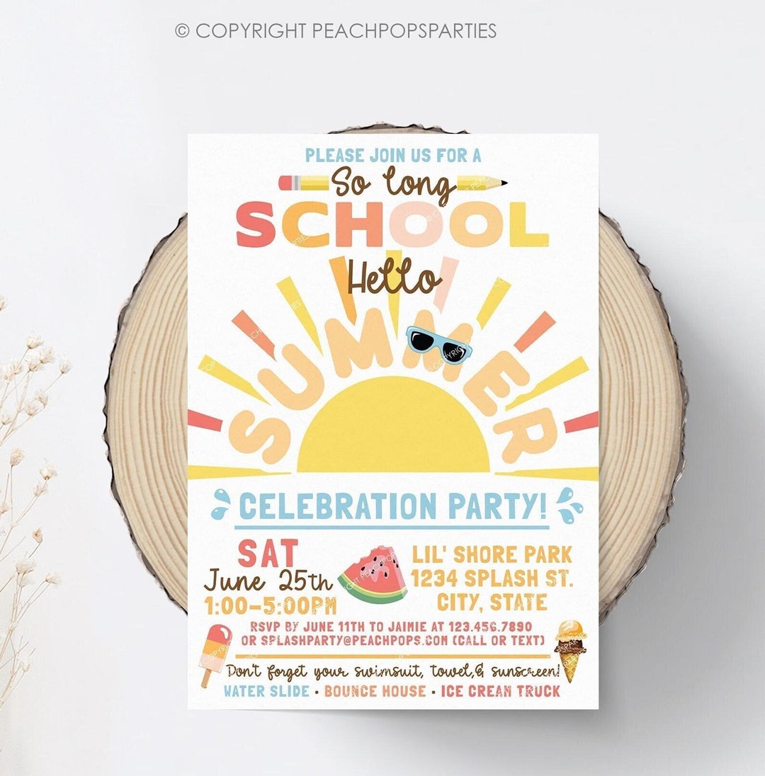 End of School Party Invitation, Hello Summer, Schools Out, Boho, Sun ...