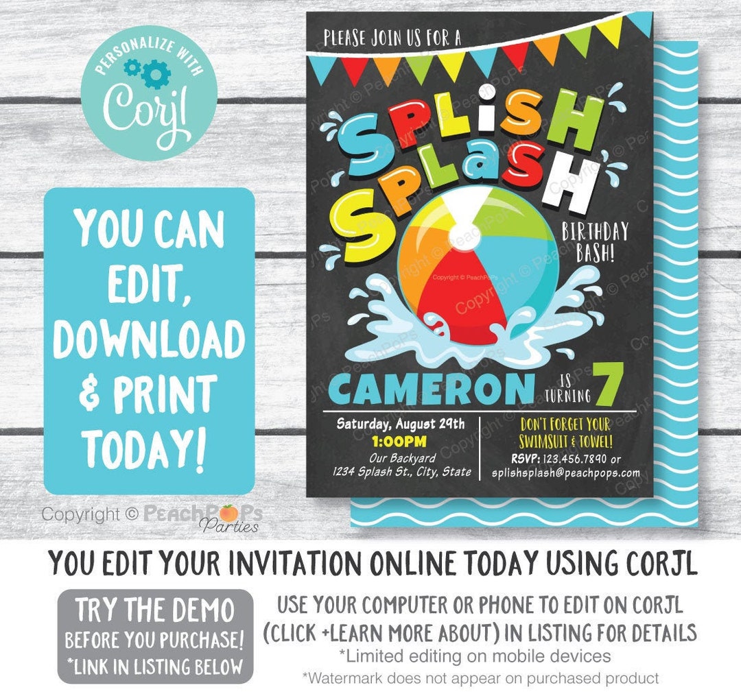 Birthday Splish Splash Invitation, Pool Party, Water Slide, Beach Ball ...