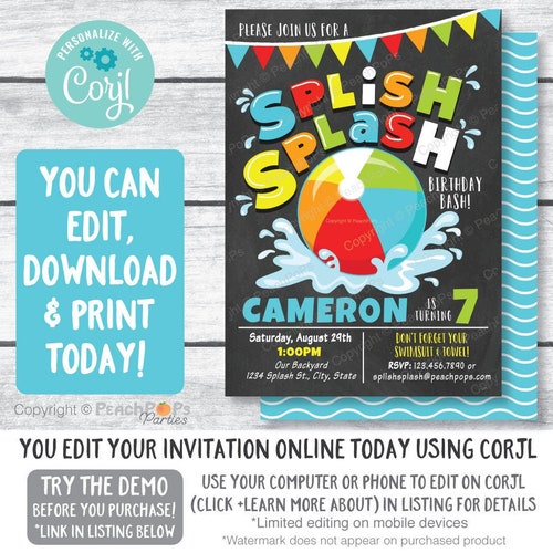 Summer Birthday Party 5x7 Invitation Splish Splash Birthday - Etsy