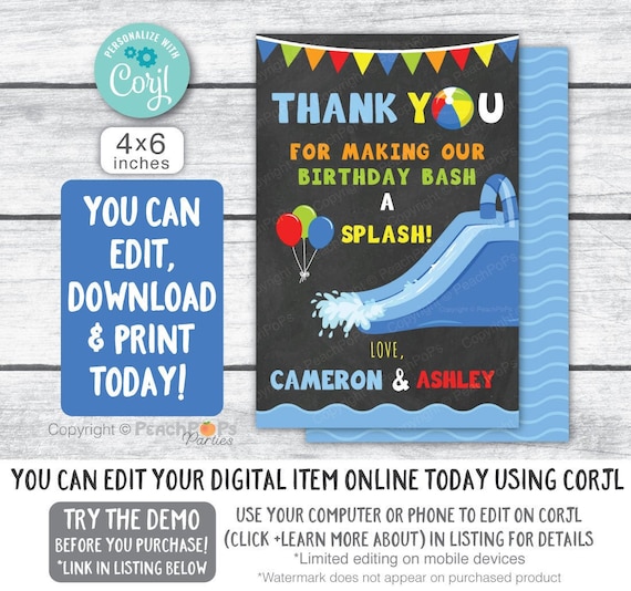 Splash Thank You Card Editable Water Slide Waterslide | Etsy