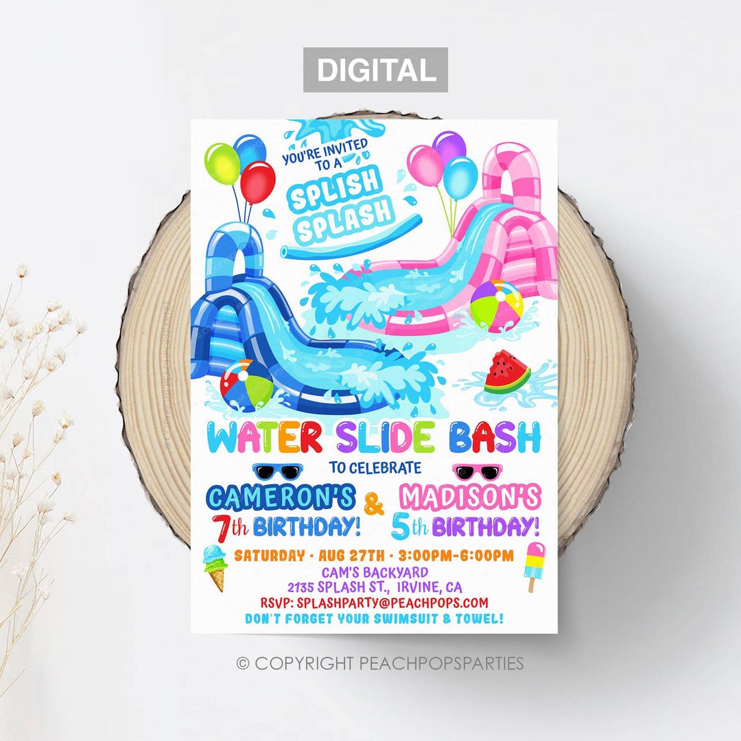 Editable Water Slide Birthday Splash Party Invitation Blue Pink ...