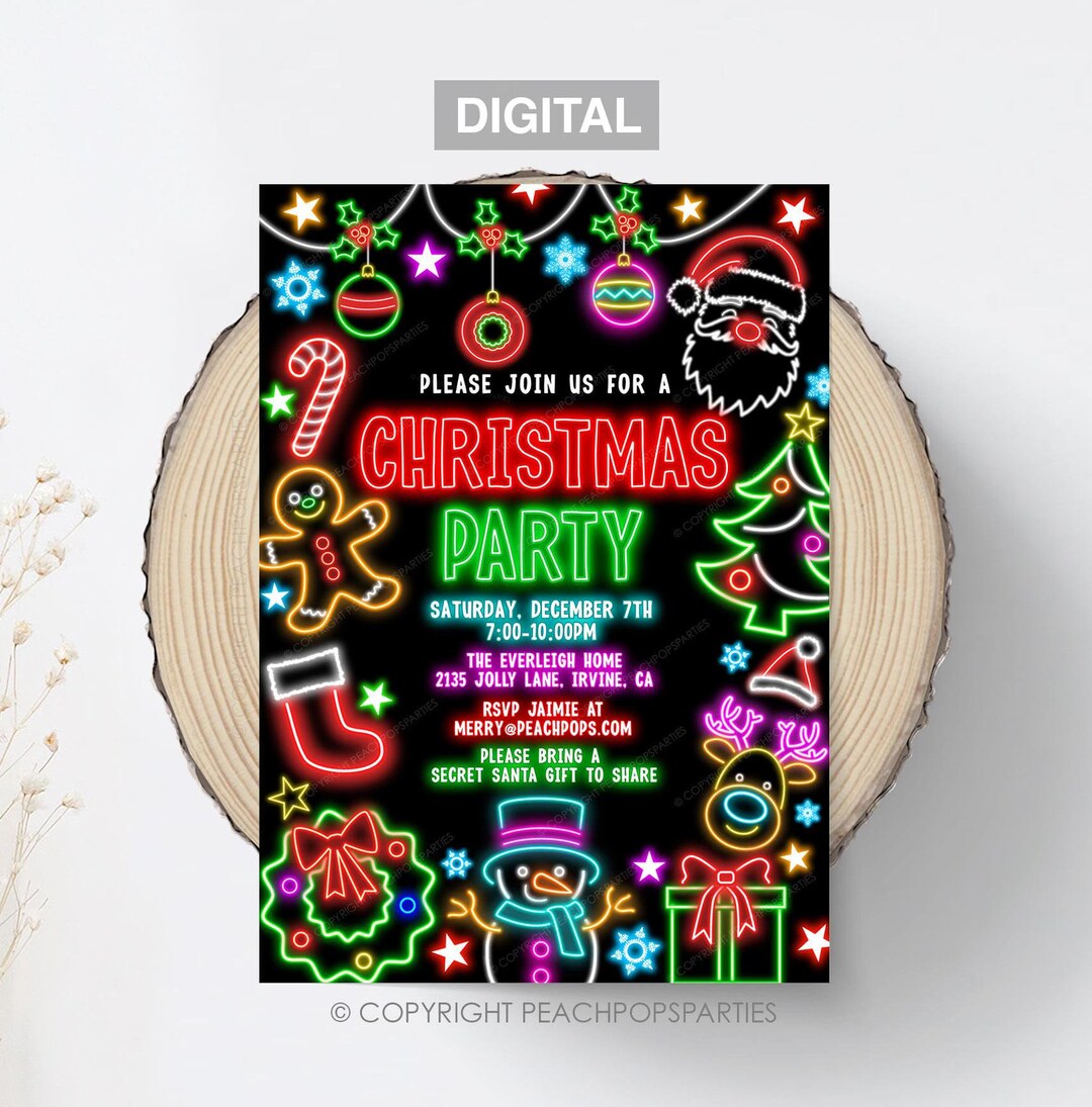 Editable Neon Christmas Party Invitation, DIGITAL Holiday Party Invite ...