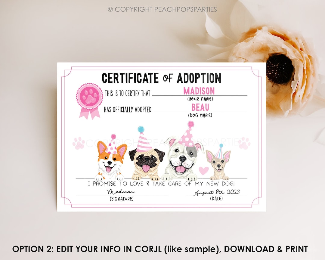 Dog Pawty Adoption Certificate EDITABLE Puppy Party Pink Birthday Favor ...