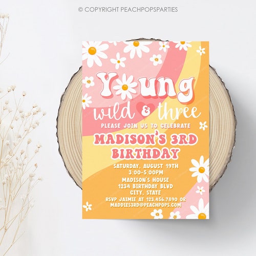Young Wild and Three Birthday Party Invitation Groovy Baby - Etsy